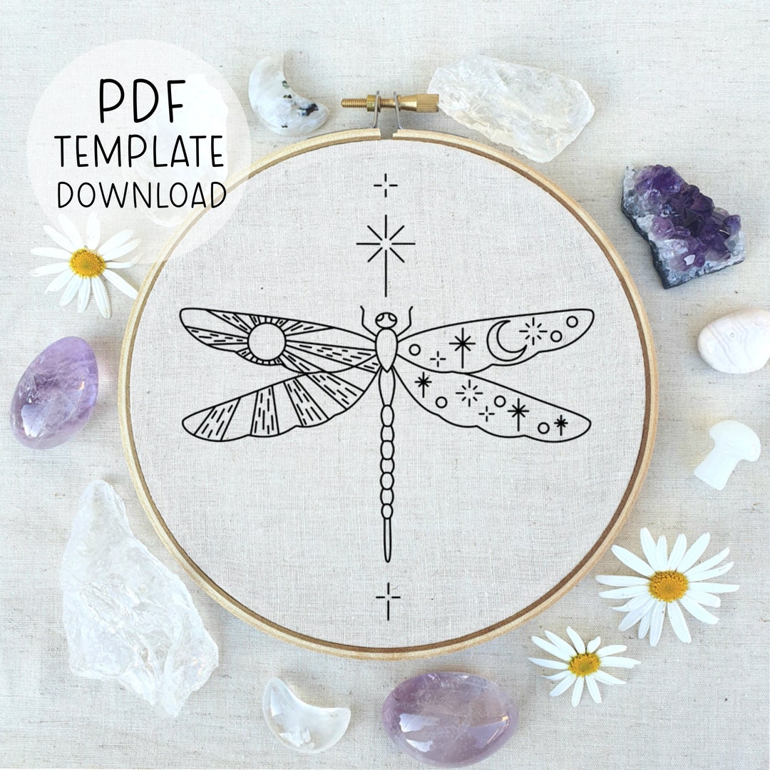 Celestial Dragonfly Embroidery Pattern Instant Download, Sun and Moon ...