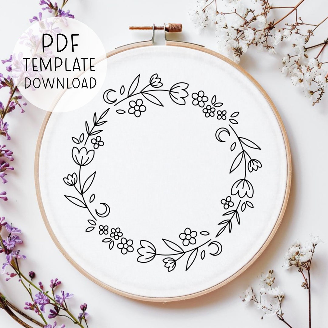 Floral Circle Embroidery Pattern, Floral Frame Embroidery Design, Leaf ...