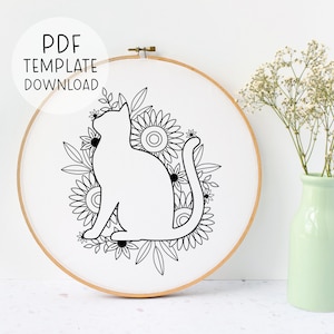 Floral Cat Embroidery Pattern Instant Download Animal Embroidery Cat ...