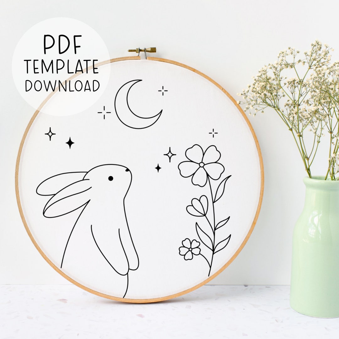 Moon Bunny Embroidery Pattern Instant Download, Rabbit Embroidery, Cute ...