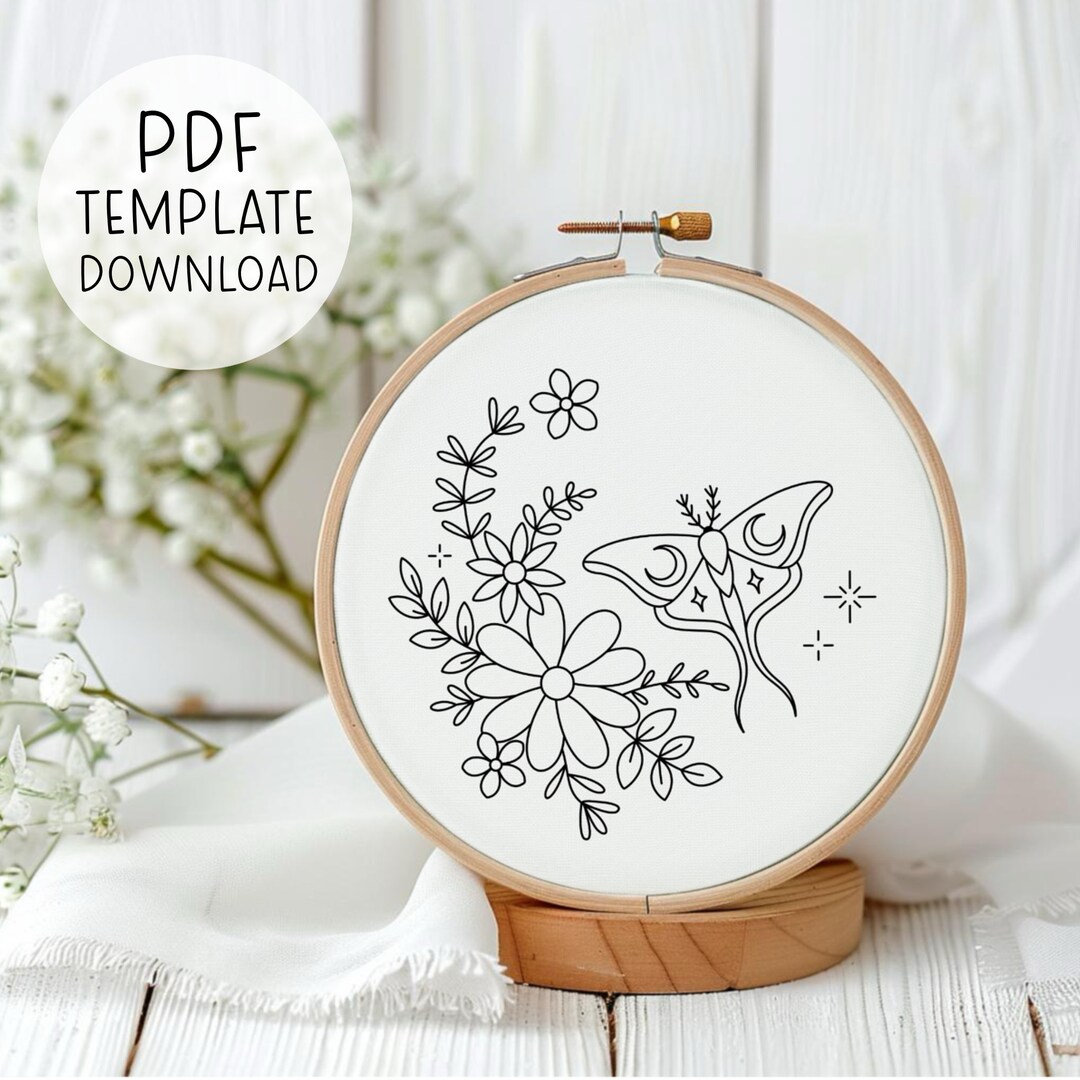 Moth Flowers Embroidery Pattern, Pretty Hand Embroidery Design ...