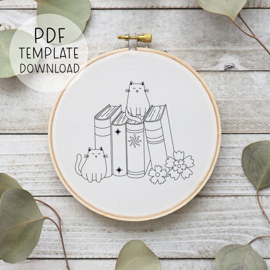 Cats and Books Embroidery Pattern Download Reading Book Decor Hand ...