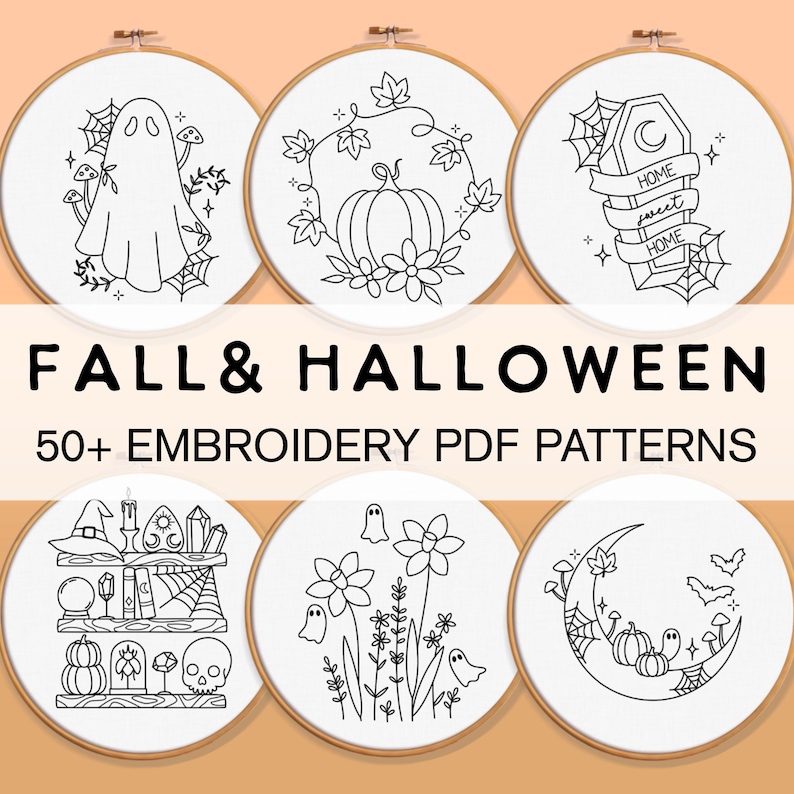 Fall and Halloween Embroidery Pattern Bundle, Spooky Hand Embroidery ...