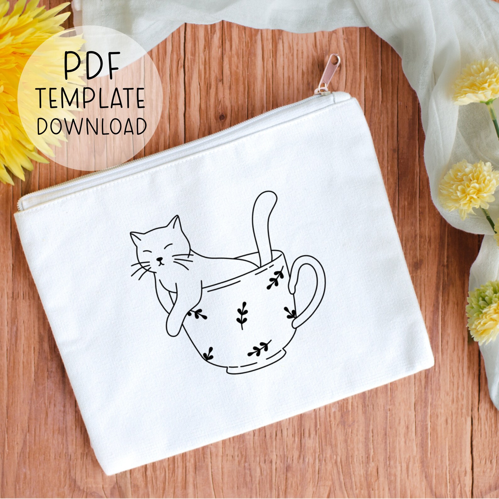 Cute Cat Embroidery Pattern Template Tea Embroidery Patterns DIY Coffee ...