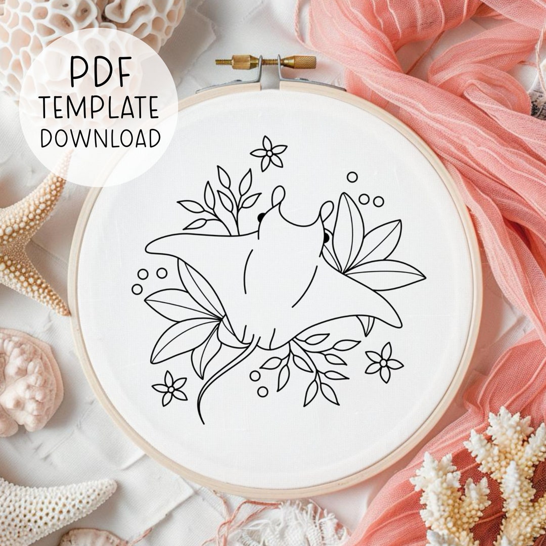 Manta Ray Embroidery Pattern Download, Floral Ocean Needlepoint Pattern ...