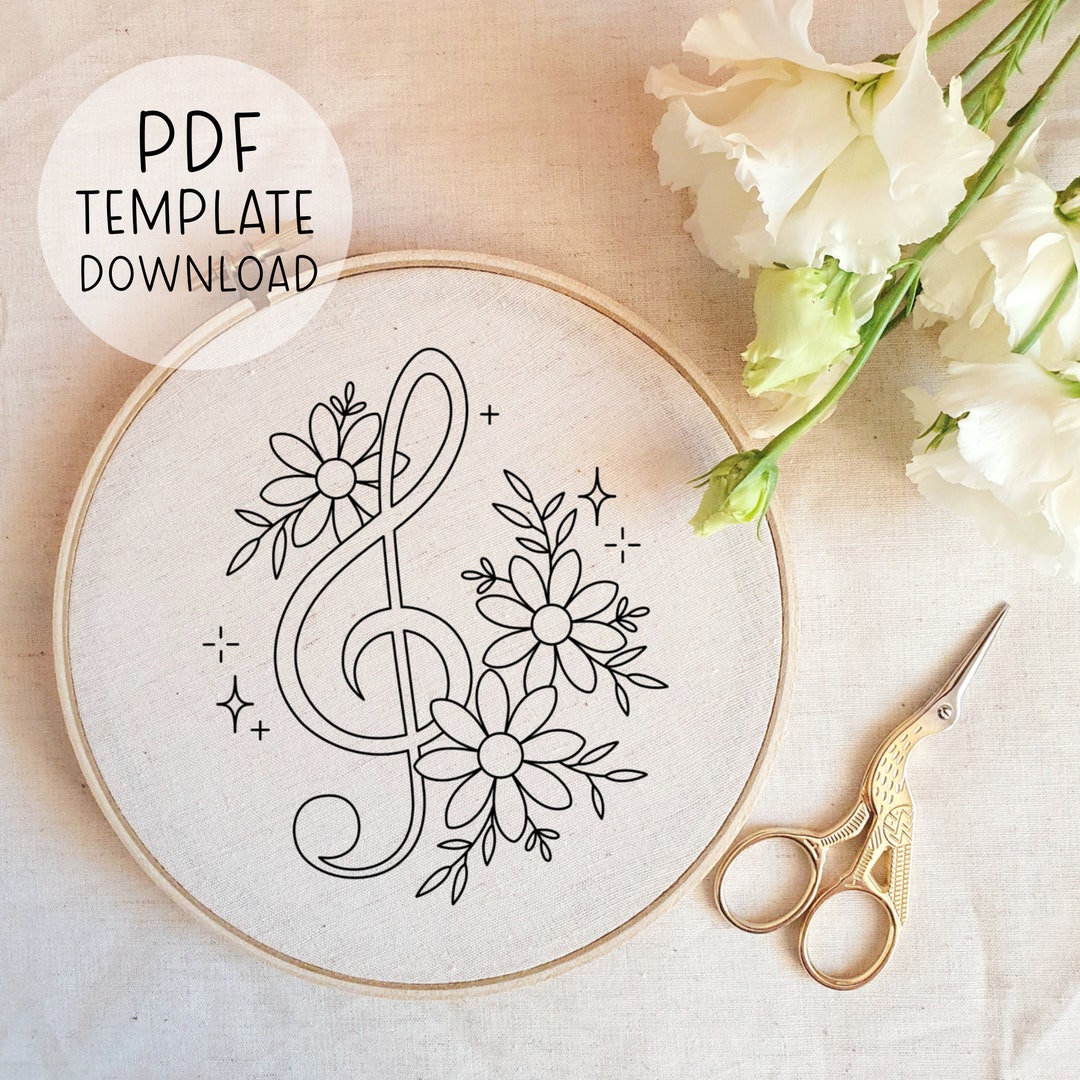 Treble Clef Hand Embroidery Pattern, Music Embroidery Design, Floral ...