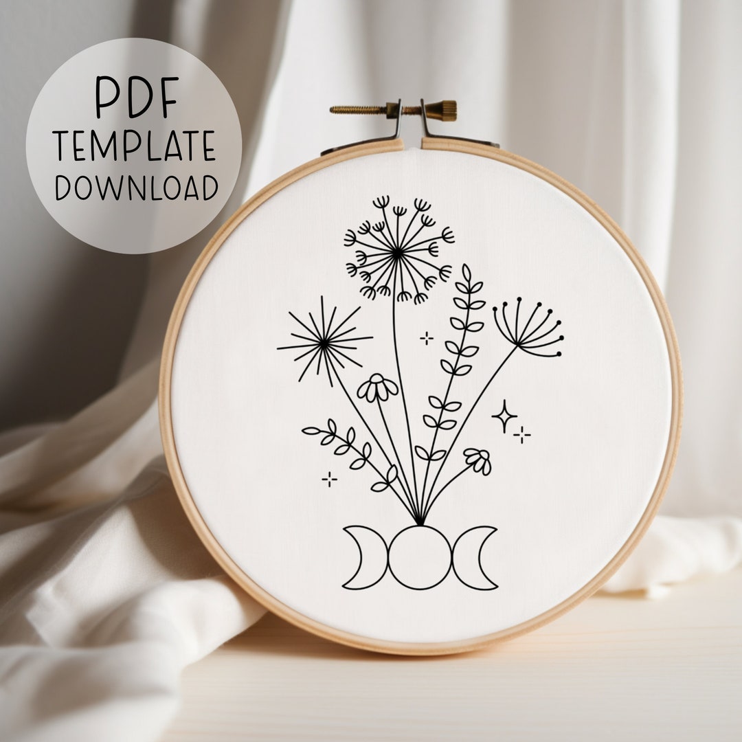 Triple Moon Flowers Embroidery Pattern Template, Moon Phases Embroidery ...