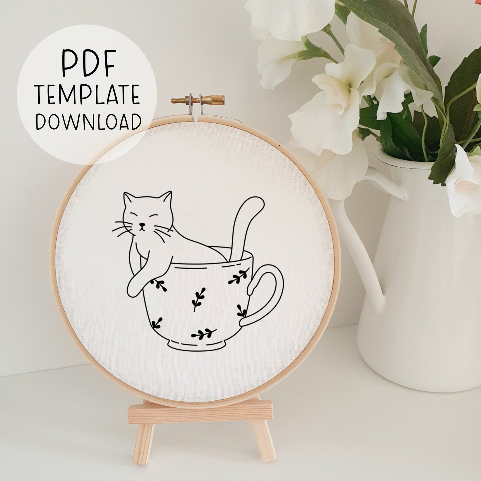 Cute Cat Embroidery Pattern Template Tea Embroidery Patterns DIY Coffee ...