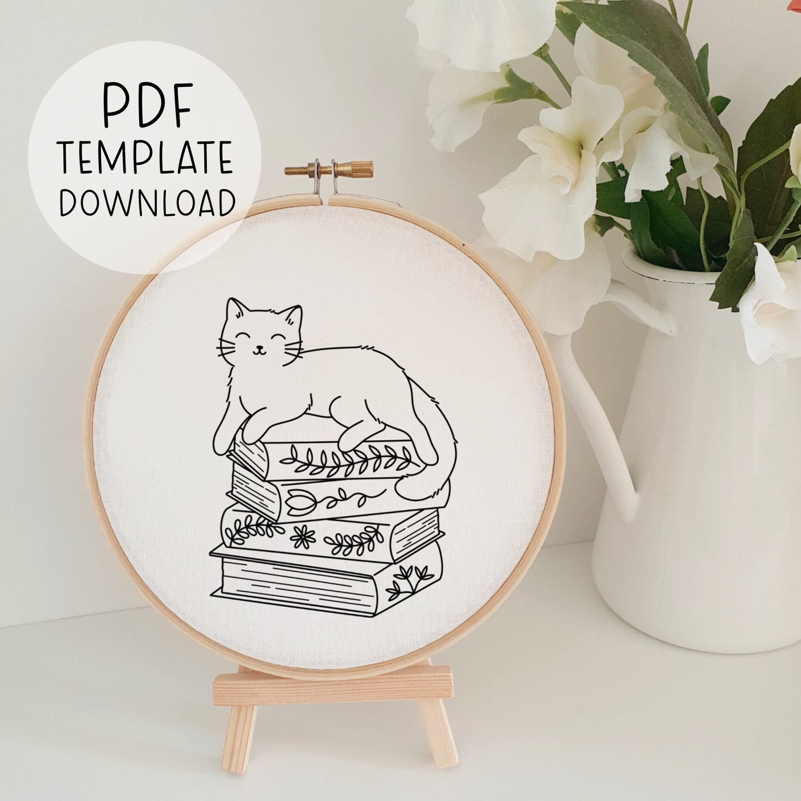 Cat and Book Lover Embroidery Pattern, Reading Book Hoop Art, Bookshelf ...