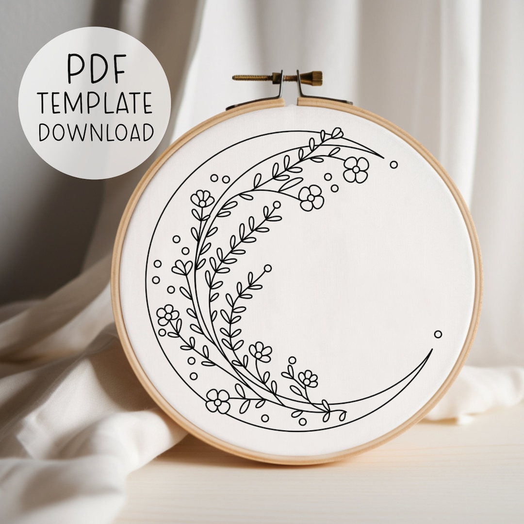 Flower Moon Embroidery Pattern Download, Floral Celestial Embroidery ...