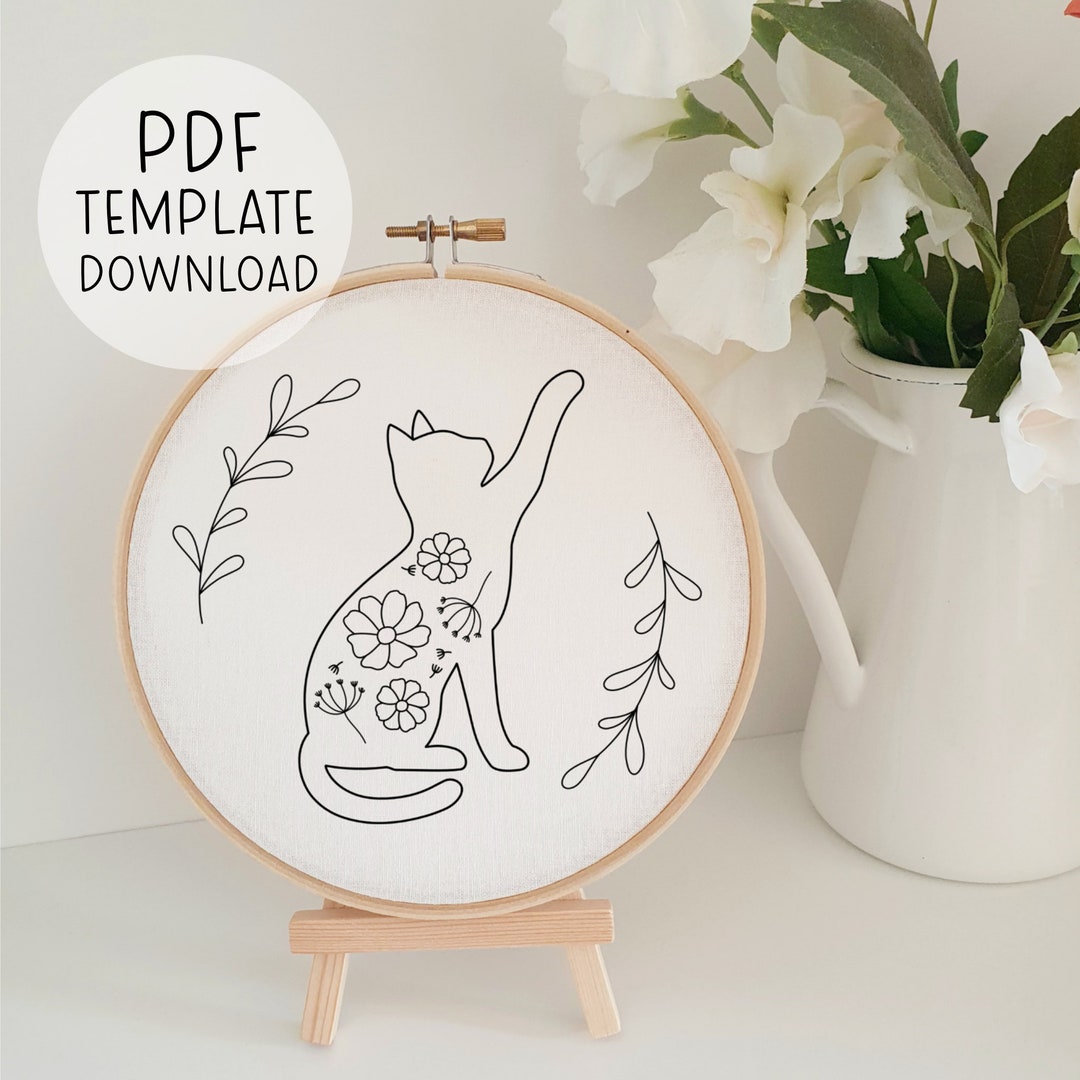 Beginner Floral Cat Embroidery Pattern Template Cat Design Embroidery ...