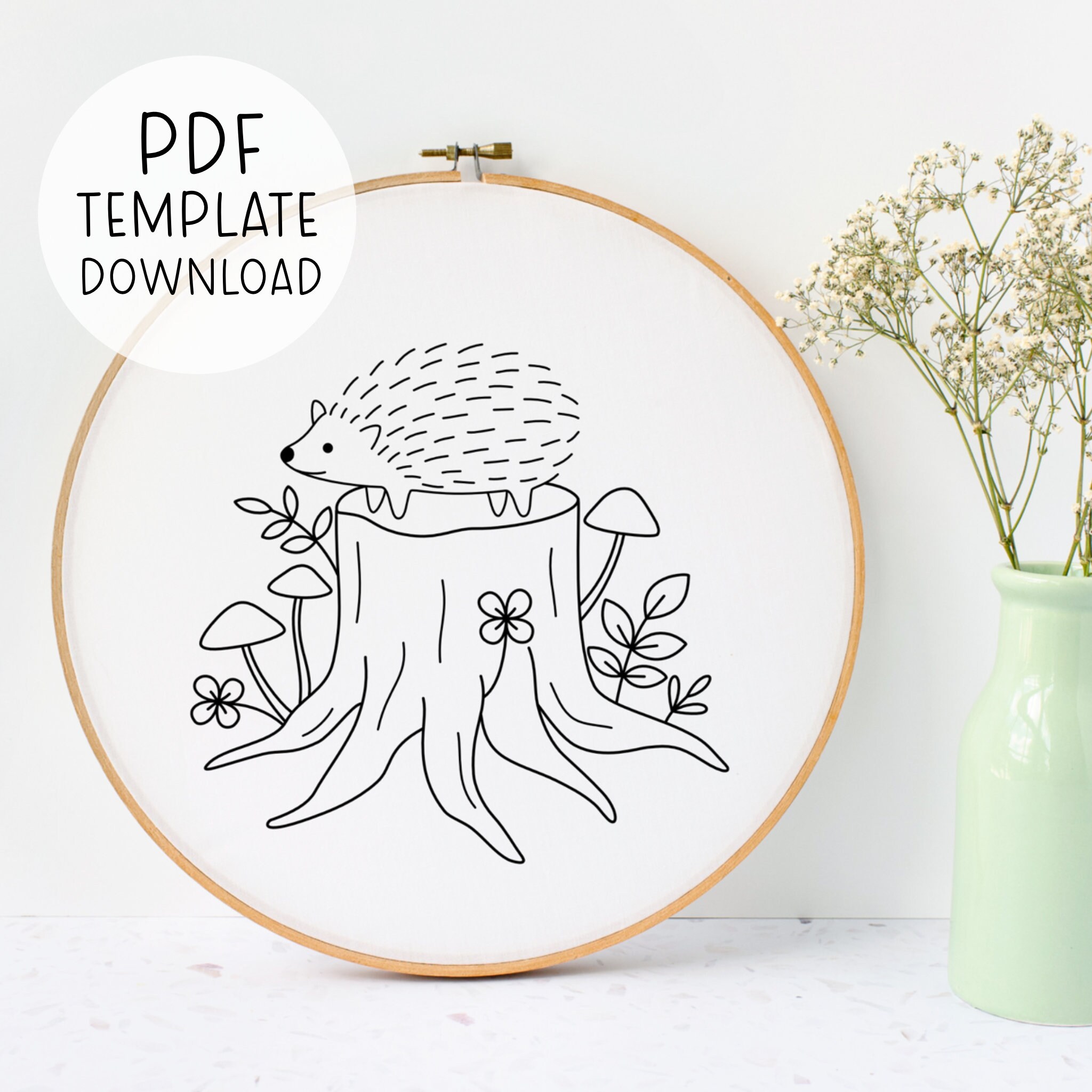 Tree Stump Embroidery Pattern Template, Hedgehog Embroidery Pattern ...