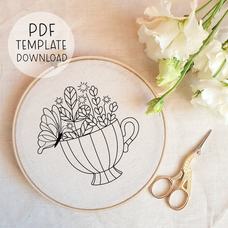 Tea Embroidery Pattern Instant Download Teacup Embroidery DIY - Etsy