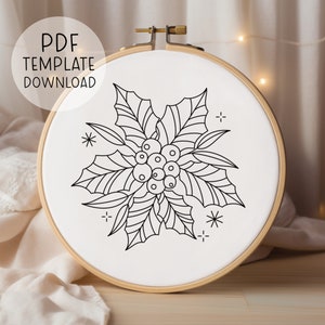 Holly Hand Embroidery Pattern Download, Christmas Floral Embroidery ...