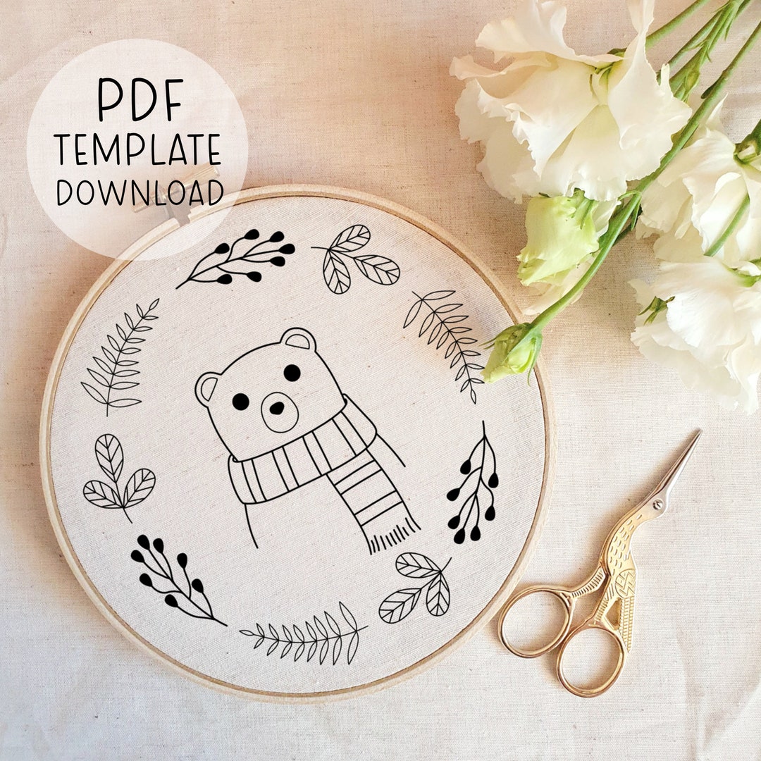 Winter Woodland Bear Embroidery Pattern Template Hand Embridery Pattern ...
