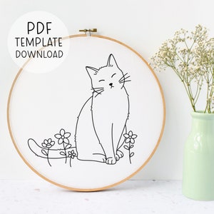 3 Cats and Flowers Embroidery Pattern Templates, Cute Cat Embroidery ...