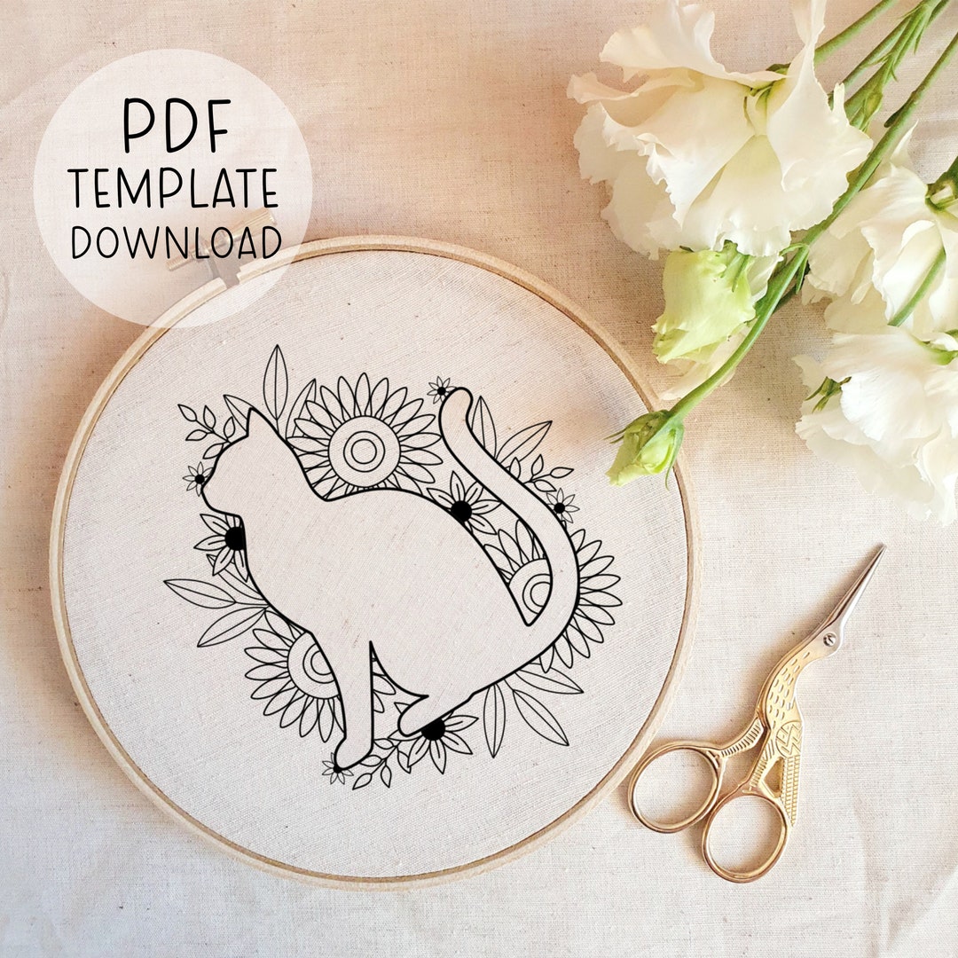 Floral Cat Embroidery Pattern Instant Download Animal Embroidery Cat ...