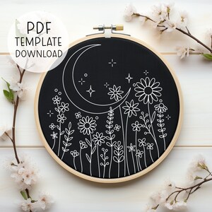 Flowers Under the Moon Embroidery Pattern, Floral Celestial Embroidery ...