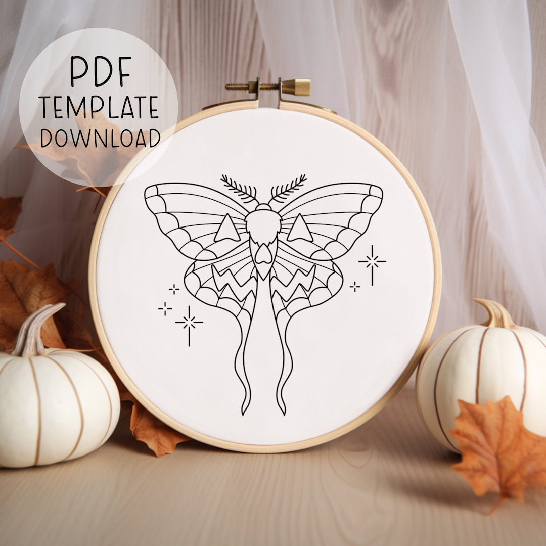 Spooky Luna Moth Embroidery Pattern Template, Halloween Moth Embroidery ...