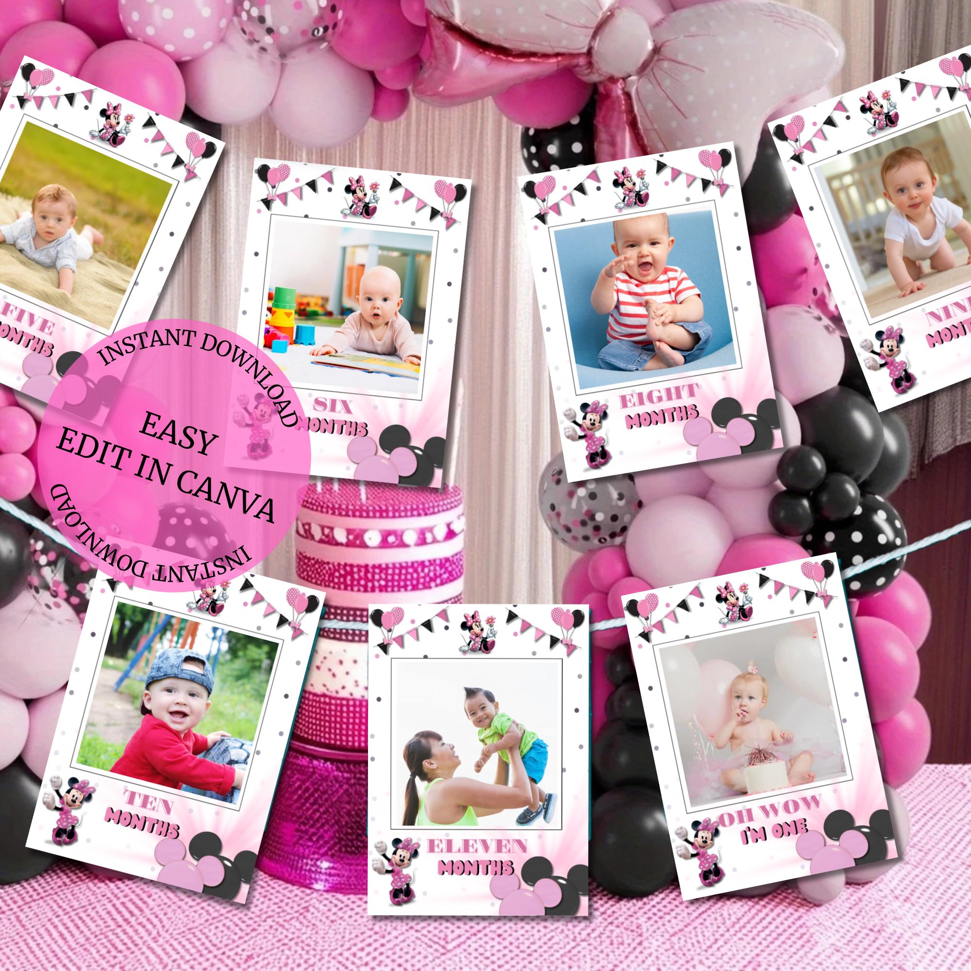 Editable Minnie Mouse 1st Birthday Banner: Photo Milestone Garland ...