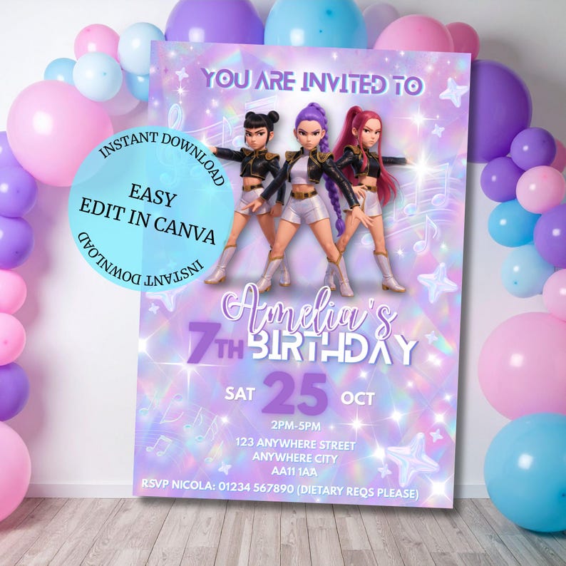 Kpop Girl Band Birthday Invite, Editable Party Invite Canva Template ...