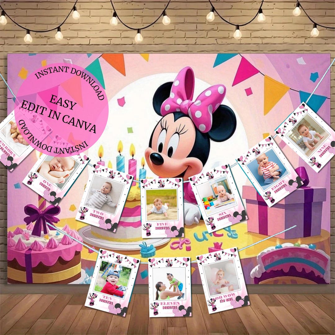 Editable Minnie Mouse 1st Birthday Banner: Photo Milestone Garland ...