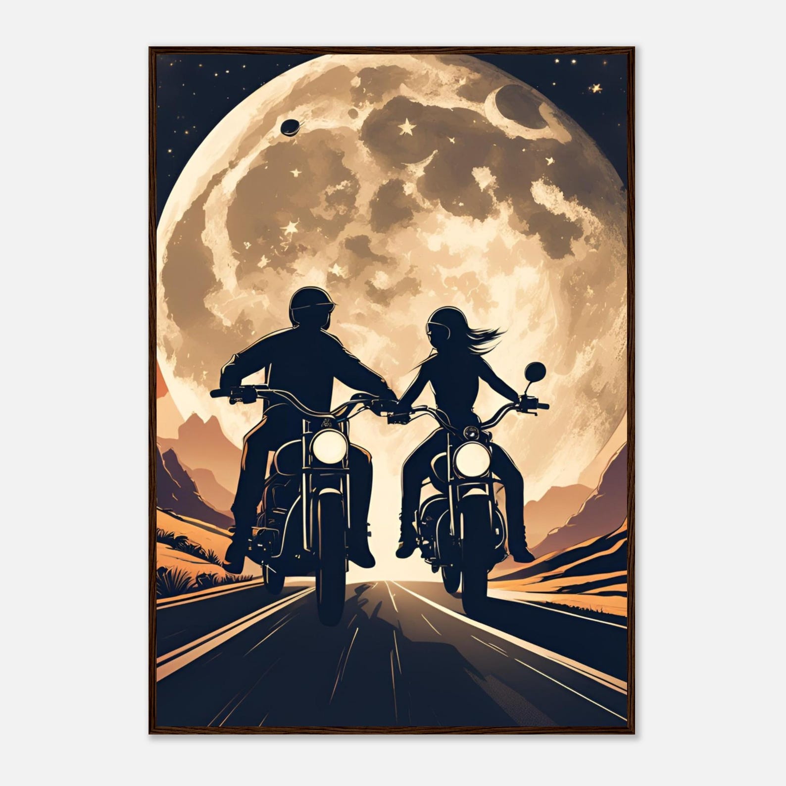 Romantic Biker Couple Art Print - Motorcycle Lovers Under Full Moon ...