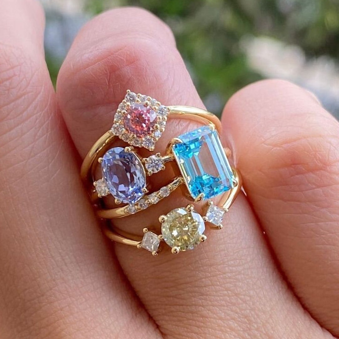 Unique Cluster Ring Multi Color & Mix Shape Diamond Wedding - Etsy