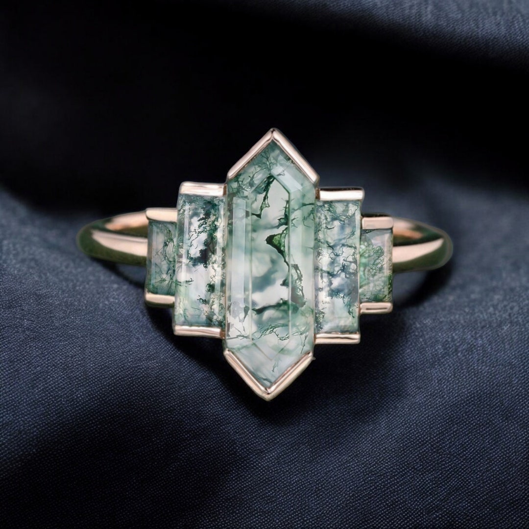Vintage Long Hexagon Cut Moss Agate Ring Unique Rose Gold Band Natural ...
