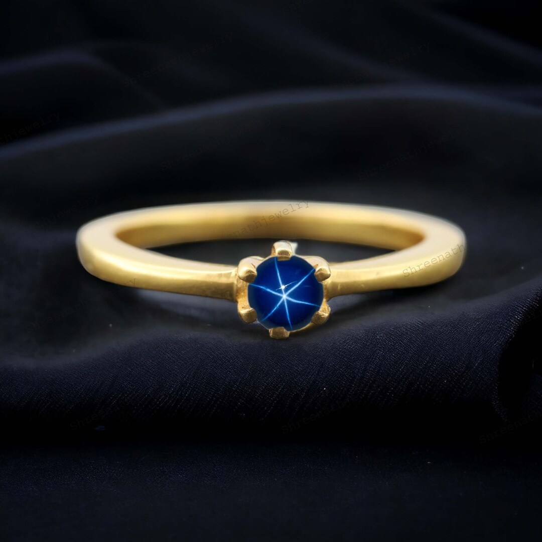 Lindy Blue Star Sapphire Solitaire Ring, Dainty Minimalist Women ...