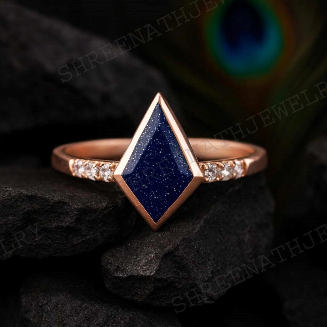 Vintage Kite Cut Blue Sandstone Ring Diamond Rose Gold Band Galaxy ...