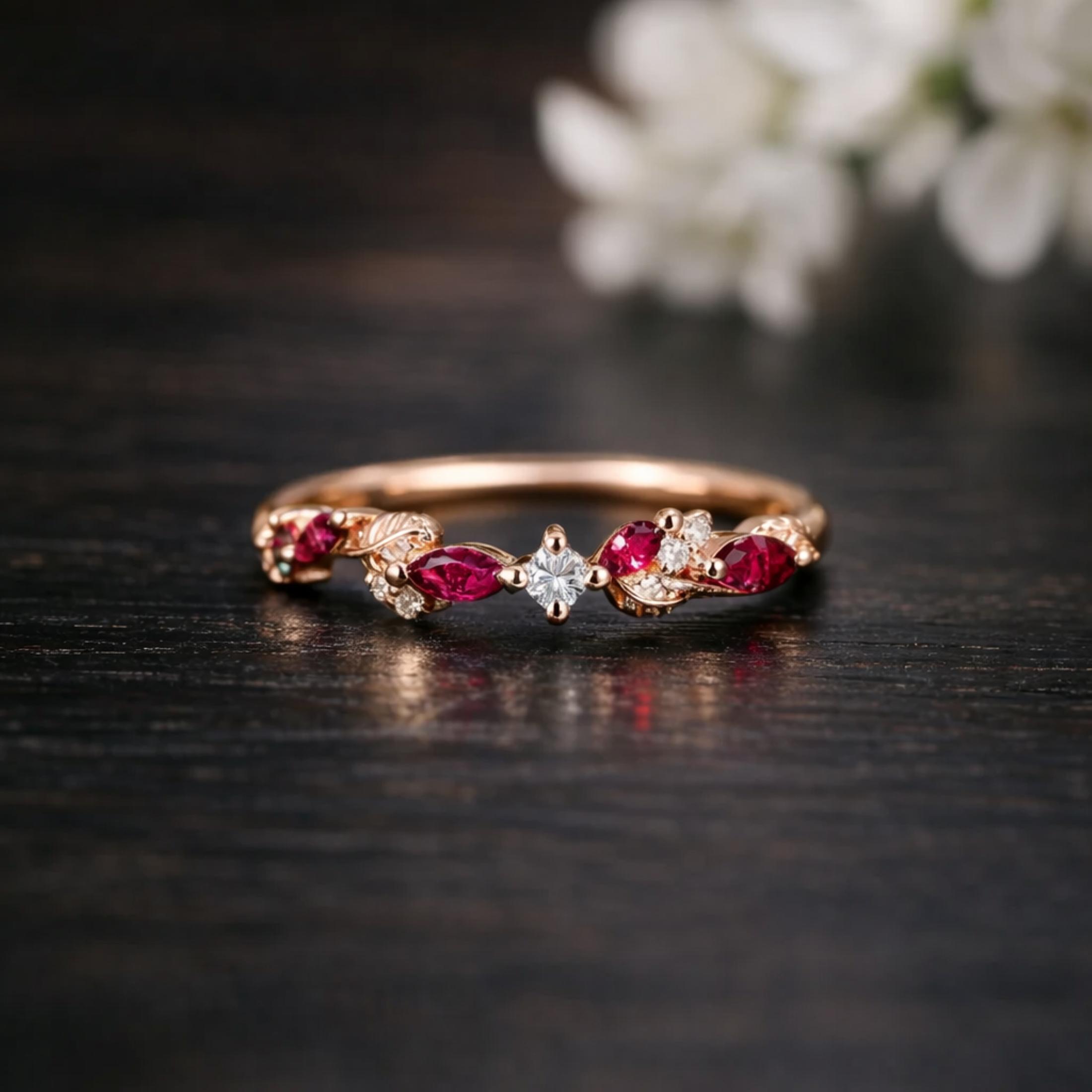 14k Solid Gold Ruby Wedding Band Thick Band Ring for Women Pave Ruby ...