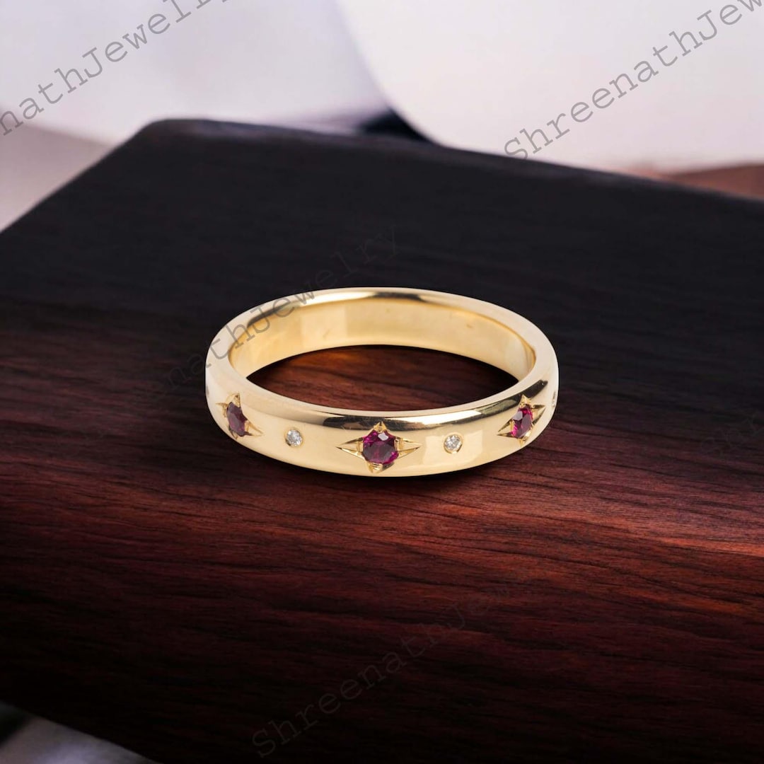 14k Solid Gold Ruby Wedding Band Thick Band Ring for Women Pave Ruby ...