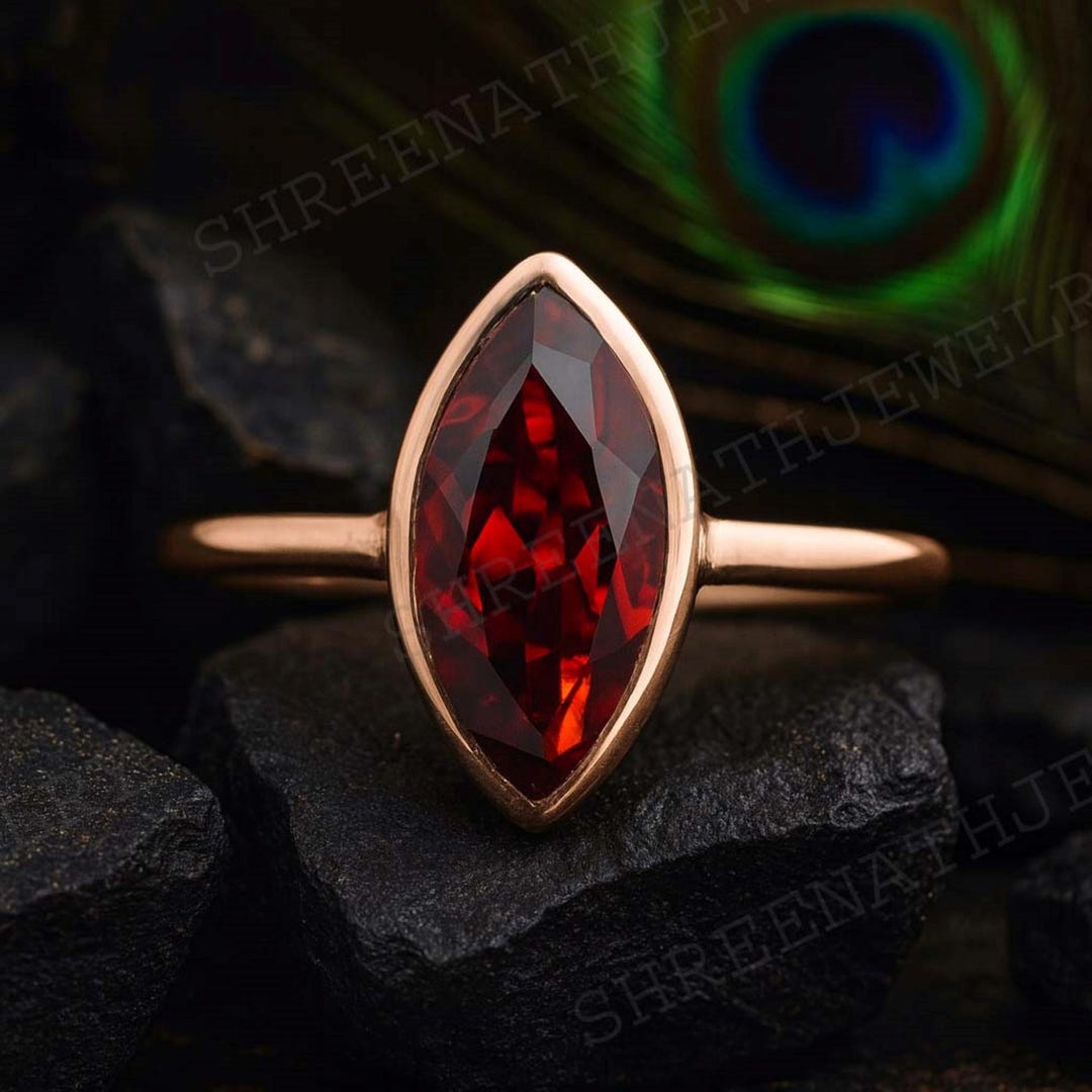 Marquise Cut Engagement Ring Red Garnet Promise Ring Rose Gold Jewelry ...