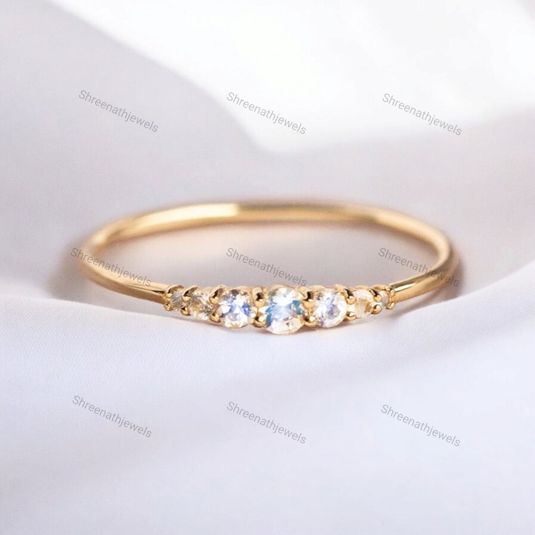 Delicate Moonstone Wedding Band Rose Gold Art Deco Stacking Ring June ...