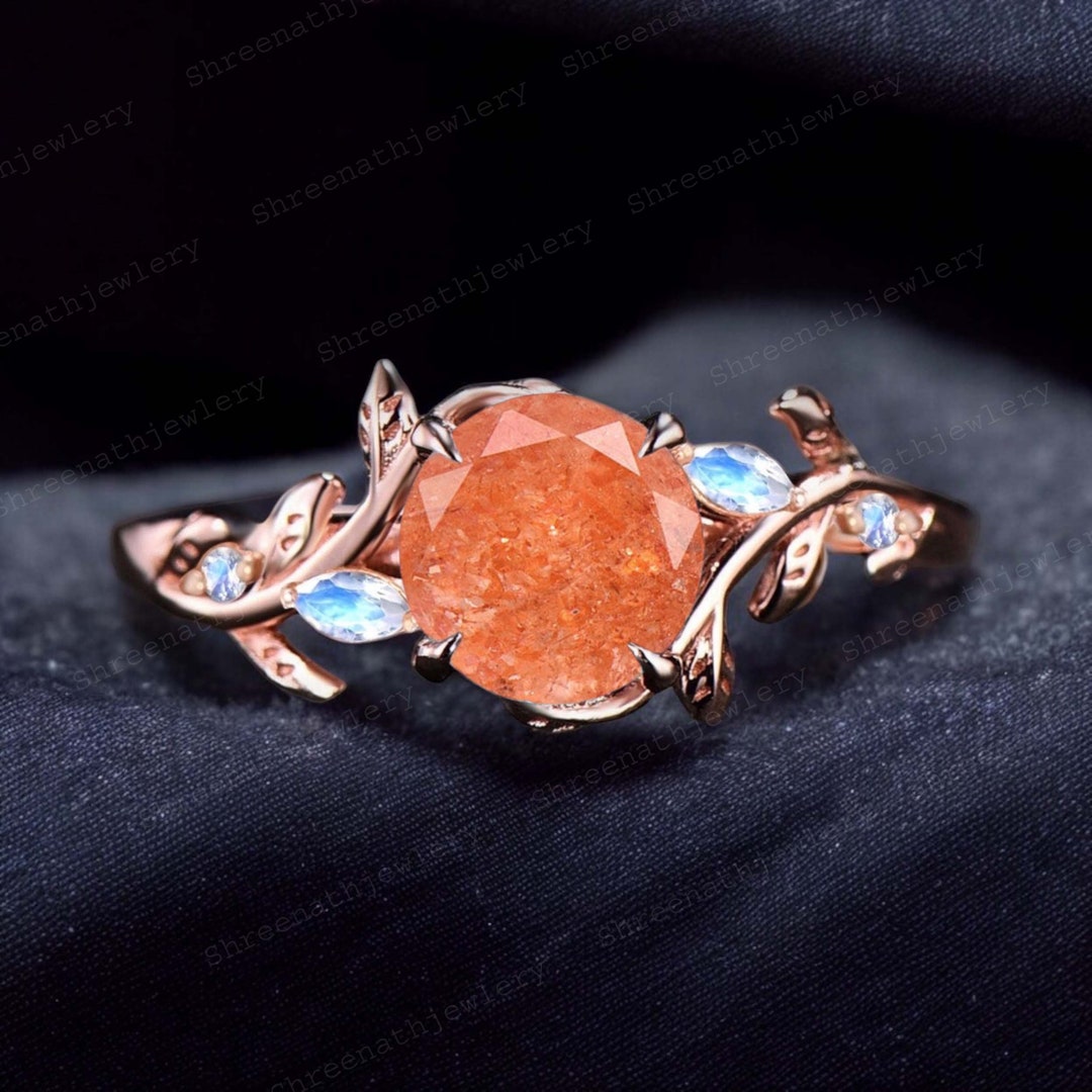 Sunstone Ring Sunstone Leaf Engagement Ring Twig Leaf Ring Cluster ...