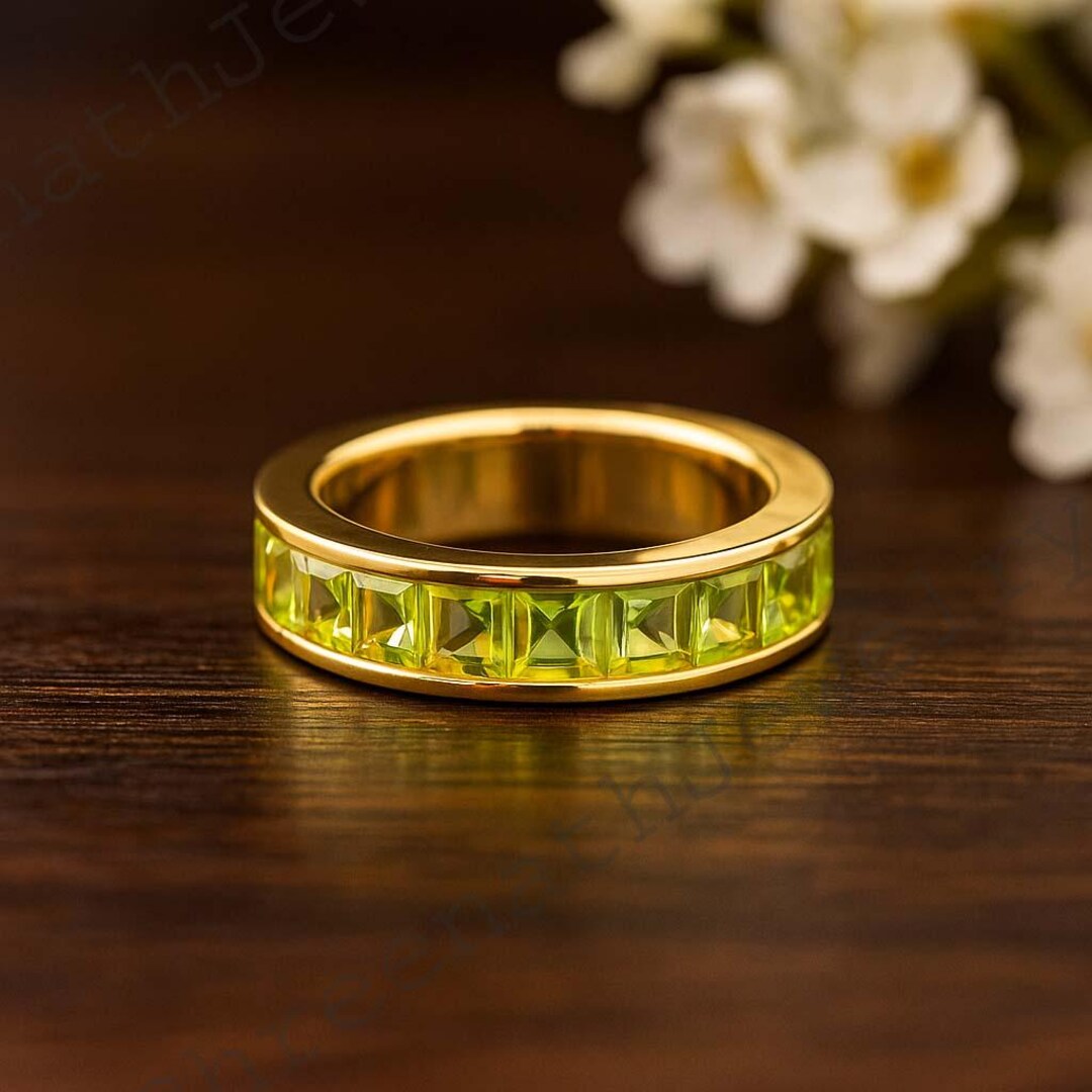 Princess Cut Peridot Wedding Band Full Eternity Channel Band Solid Gold ...