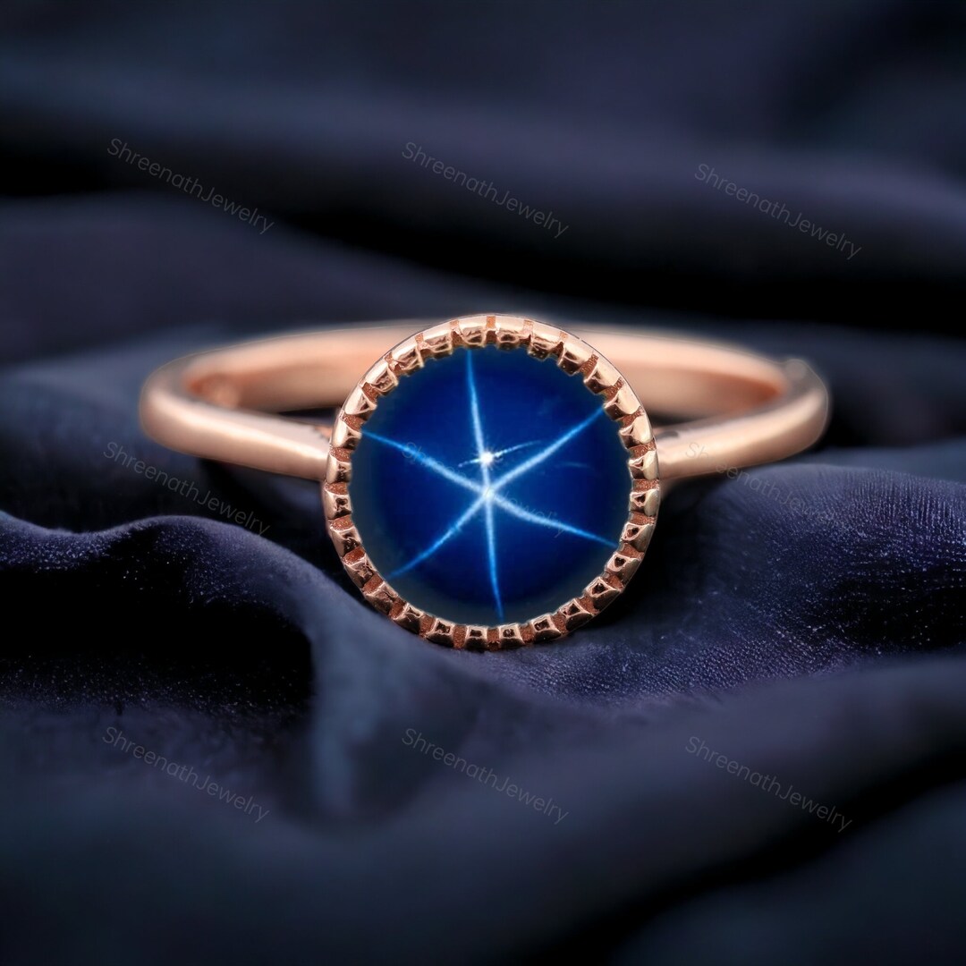 Vintage Blue Star Sapphire Solitaire Ring Round Lindy Blue Gemstone ...