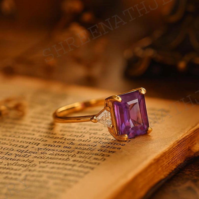 Purple Amethyst Ring 14k Solid Gold 8x10mm Emerald Cut Amethyst ...