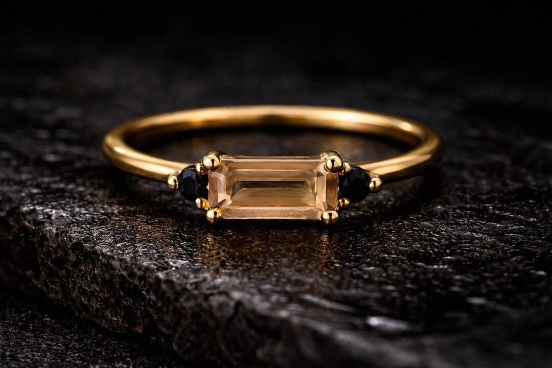 Genuine Smokey Quartz 14k Solid Gold Ring Classic Black Onyx Three ...