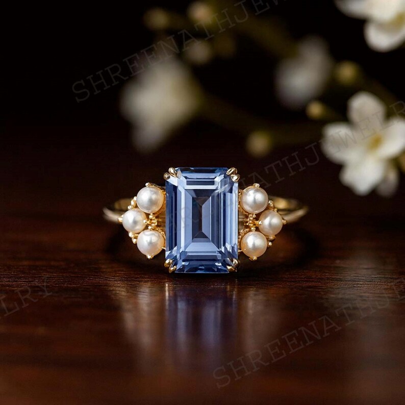 Vintage Octagon Aquamarine and Pearl Engagement Ring Yellow Gold Ring ...