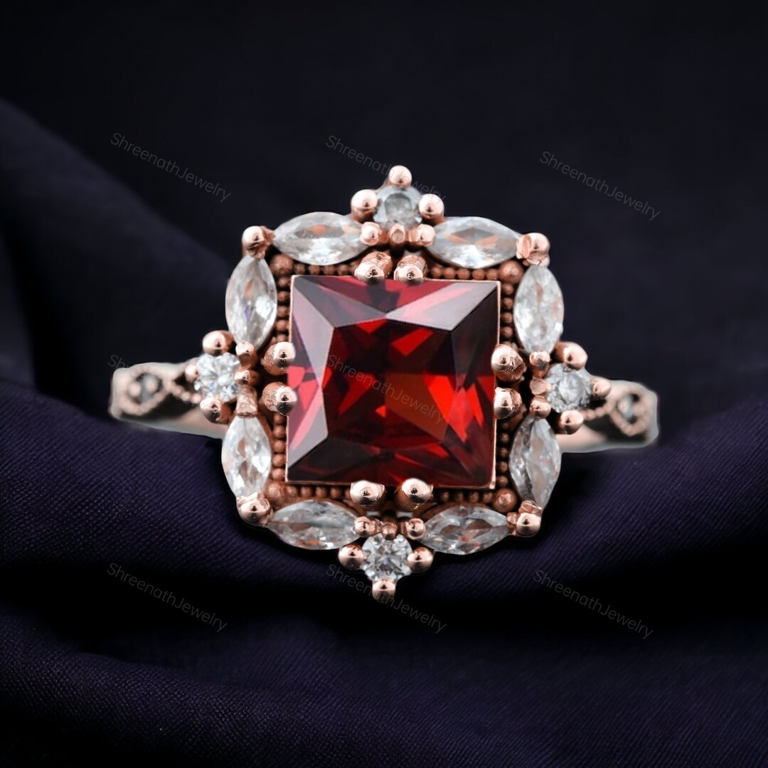 Princess Cut Garnet Ring for Women Unique Floral Style Bridal Ring ...