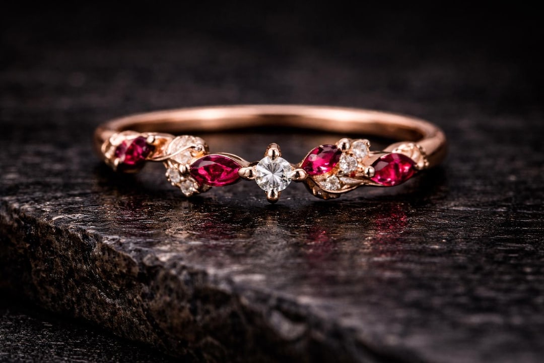 14k Solid Gold Ruby Wedding Band Thick Band Ring for Women Pave Ruby ...