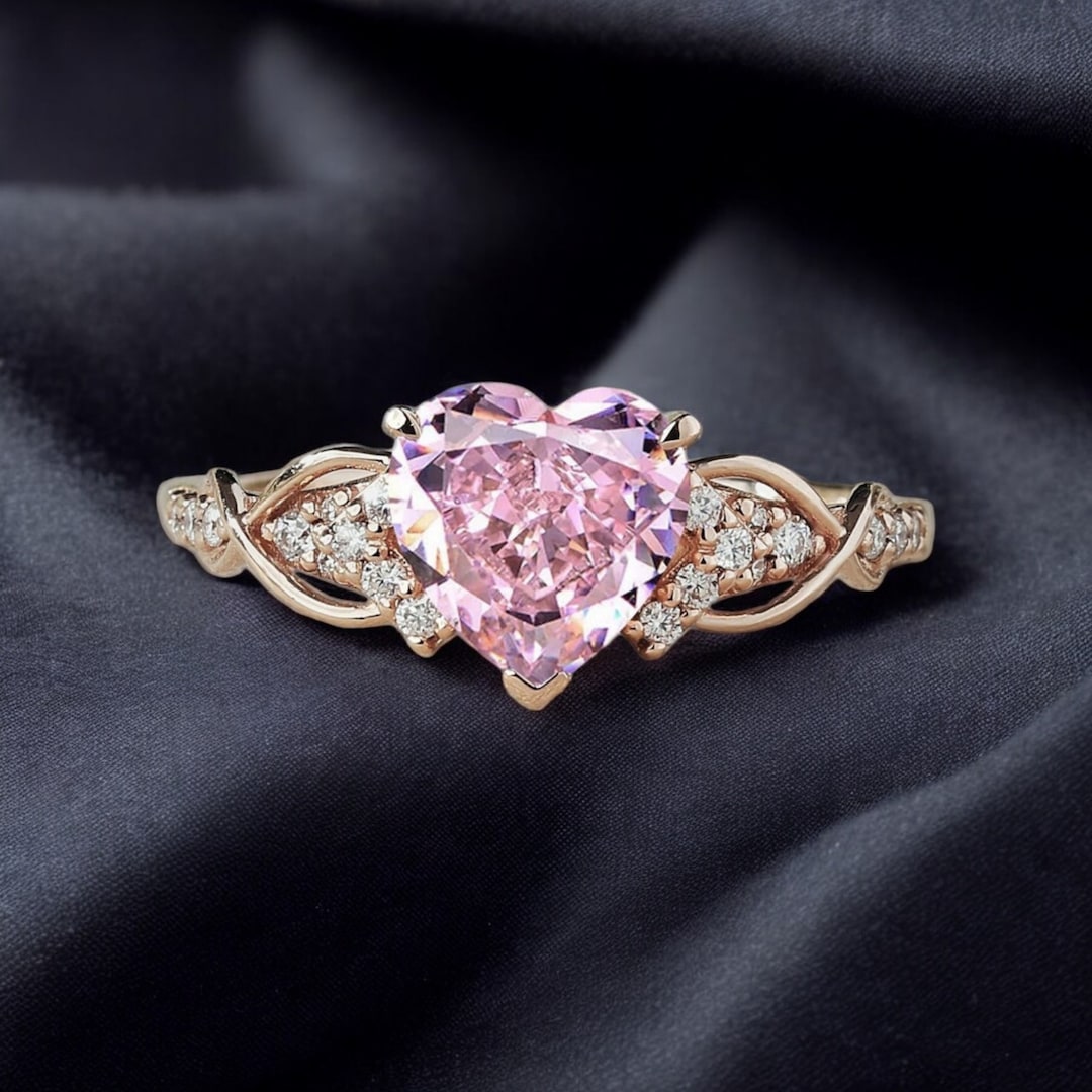 Unique Heart Shaped Pink Sapphire Engagement Ring Rose Gold Moissanite ...