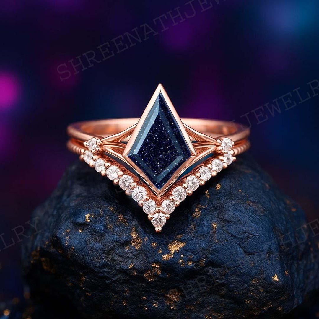 Kite Shape Blue Sandstone Engagement Ring Set Vintage Galaxy Diamond ...