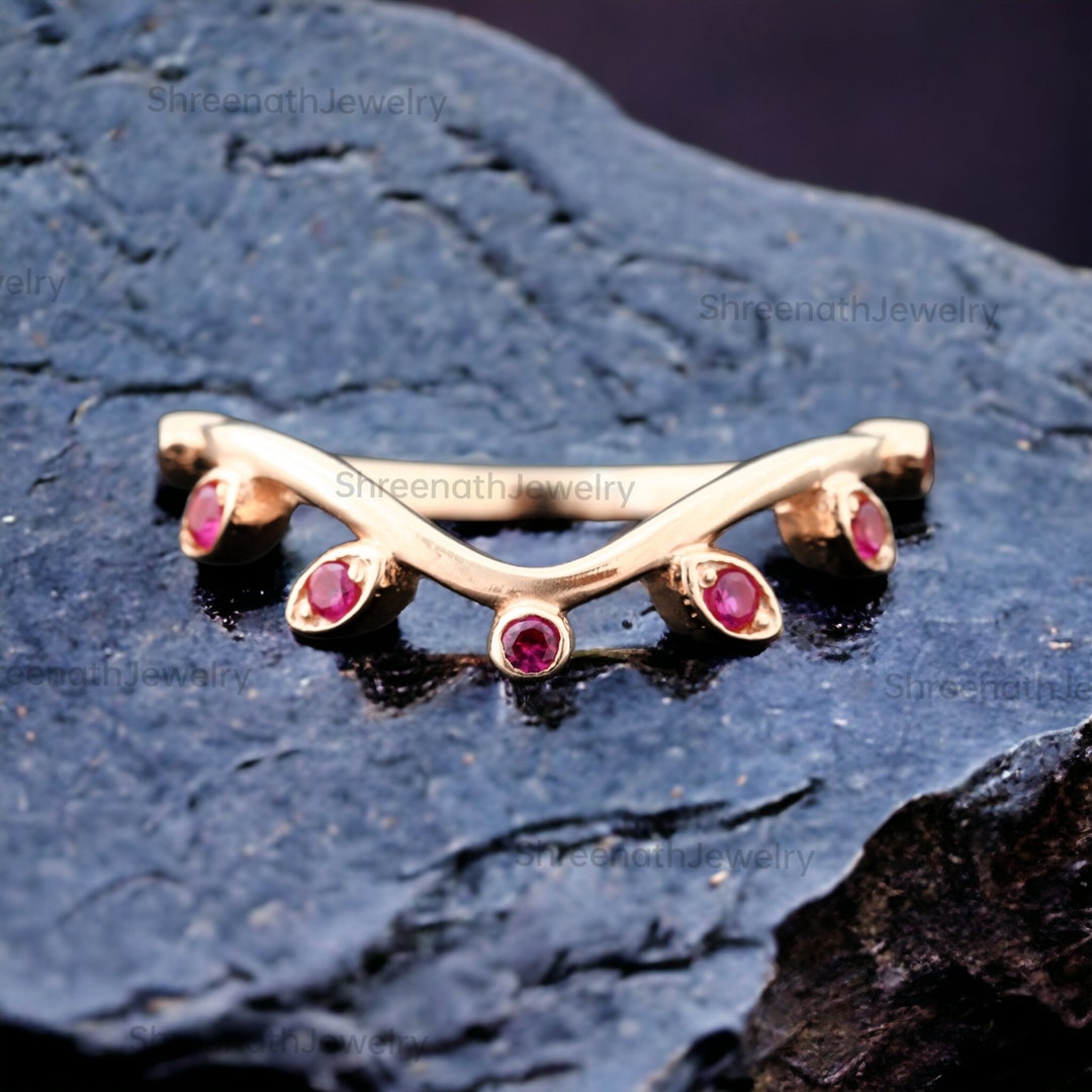 Unique Curved Ruby Wedding Band Art Deco Bridal Matching Band Half ...