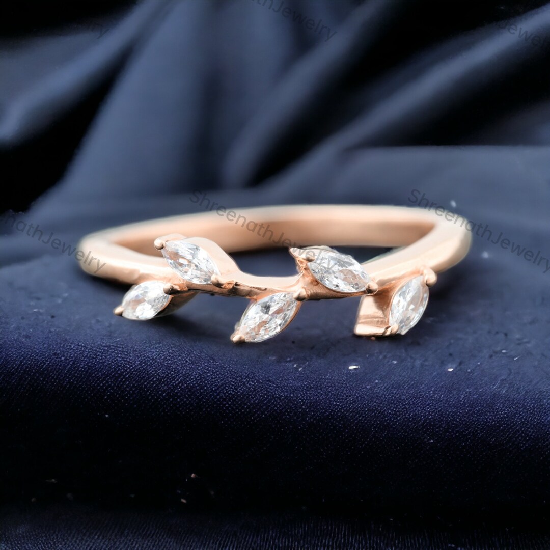 Marquise Diamond Leaf Band Delicate Women Wedding Band, Rose Gold ...