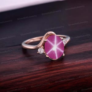 Star Ruby Diamond Ring 14K Solid Gold Ring, Lindy Star Ring Accent ...