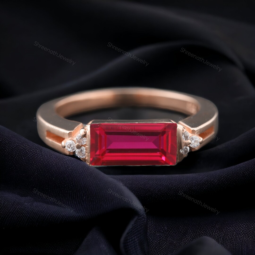 Ruby Dainty Baguette Stacking Ring, Gold Minimalist Ring, Simple Ruby ...