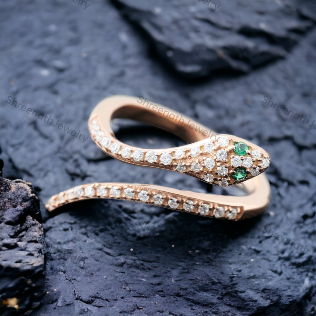 Emerald Snake Eye Ring Diamond Covered Snake Skin Ring 18K Gold Jewelry ...